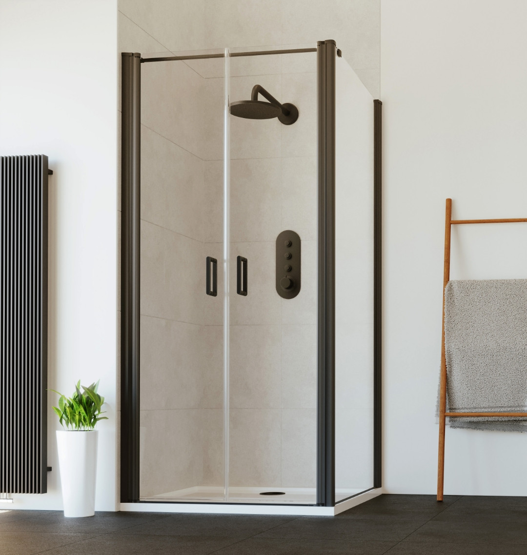 Flair Frameless Matte Black Shower in a white bathroom